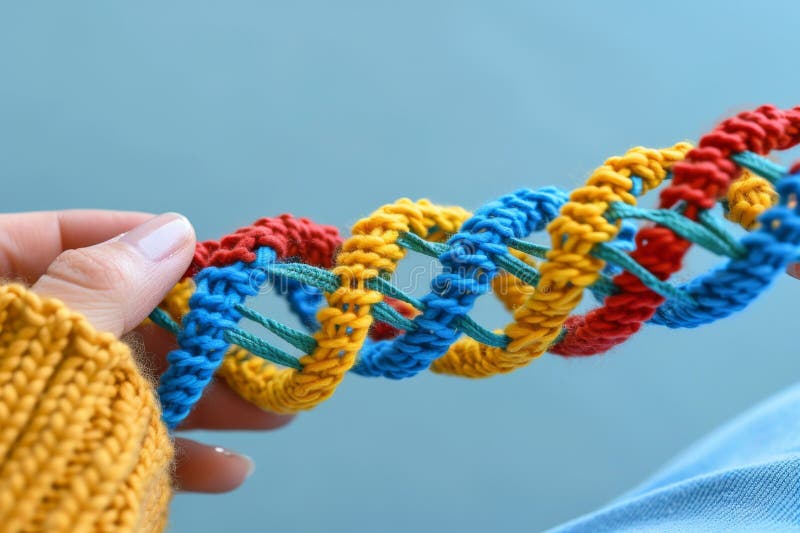 Knitted DNA Model with Bright Primary Colors Held in Hand, Combining ...