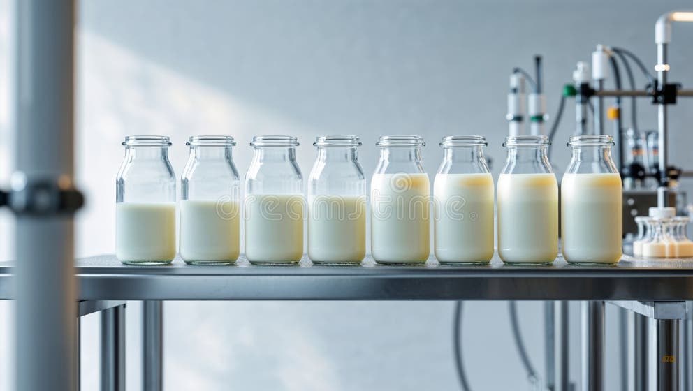 Laboratory Setup for Milk Processing with Bottles Filled on a Table ...