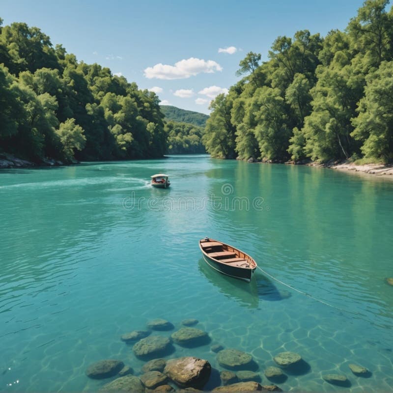 AI Generated Landscape Showcasing Turquoise Blue River and Dense Forest ...