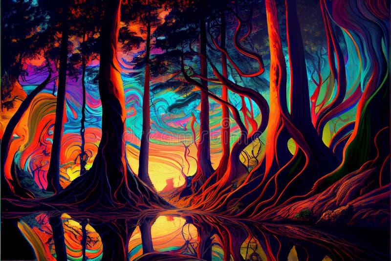 Psychedelic Forest in Vibrant Colored Swirling Patterns - AI Generated ...