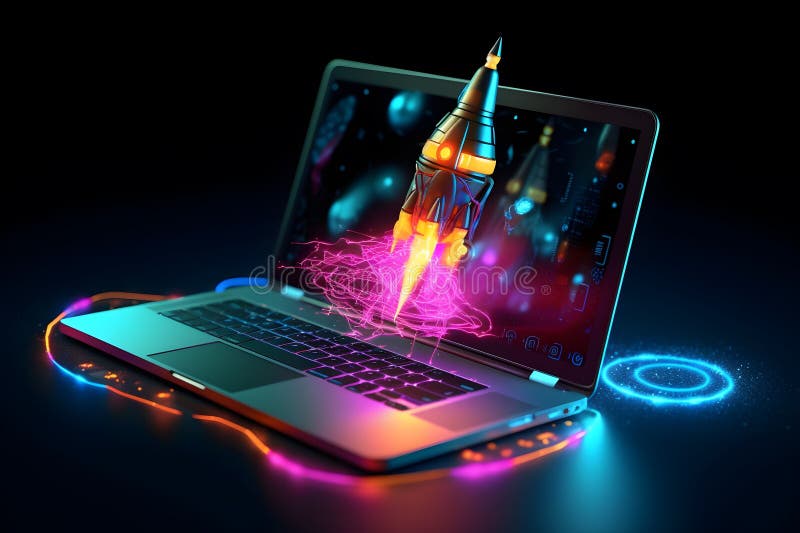 AI Generated Laptop Computer with a Lit-up Graphic of a Rocket ...