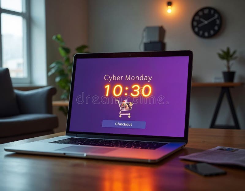 A Laptop with a Purple Screen that Says Cyber Monday and Countdown ...