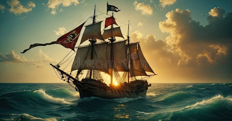 A Pirate Ship is Sailing in the Ocean with a Red Flag on Top. Stock ...