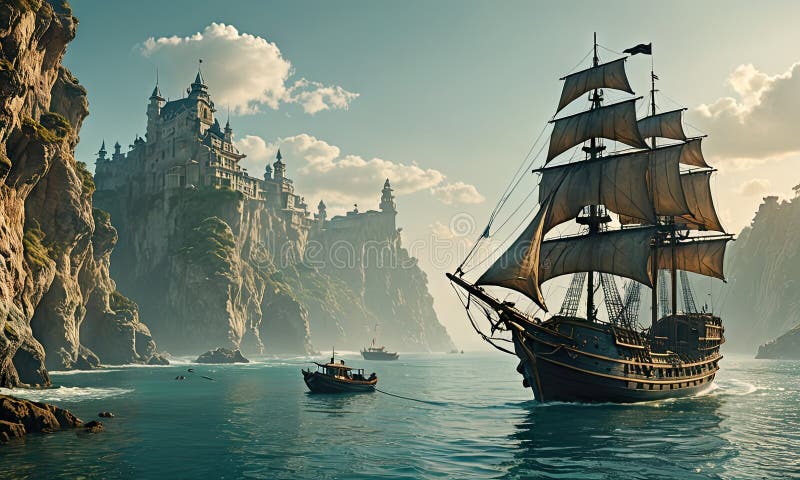 A Ship is Sailing in the Ocean with a Castle in the Background. Stock ...