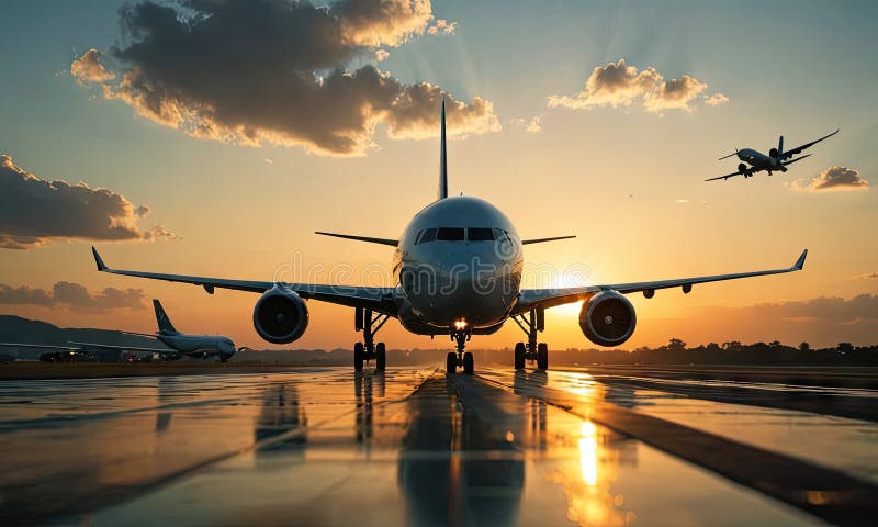 A Large Jet Plane is on the Runway at Sunset. Stock Illustration ...