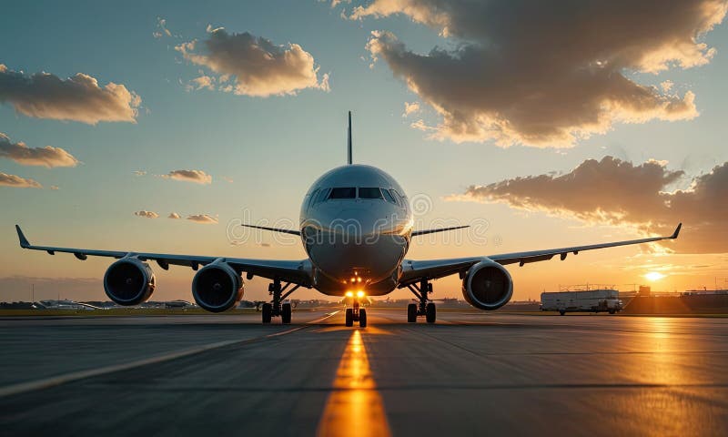 A Large Jet Plane is on the Runway at Sunset. Stock Illustration ...