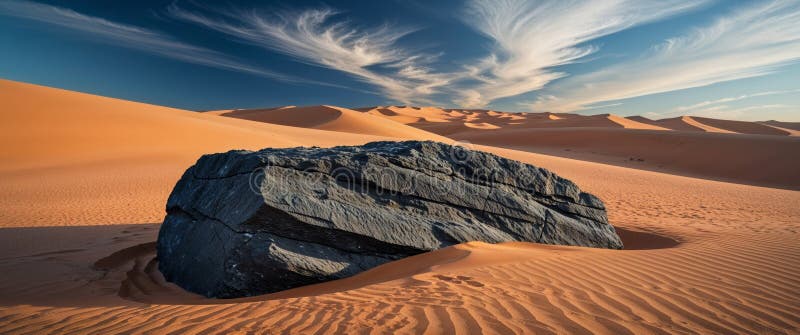 A Large Dark Rock Embedded within Warm Sand Dunes. Stock Image - Image ...