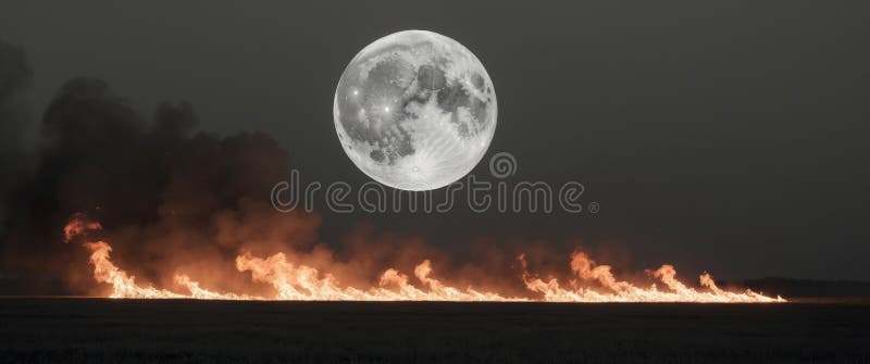 A Large Fire is Burning in a Field with a Large Moon in the Sky Stock ...