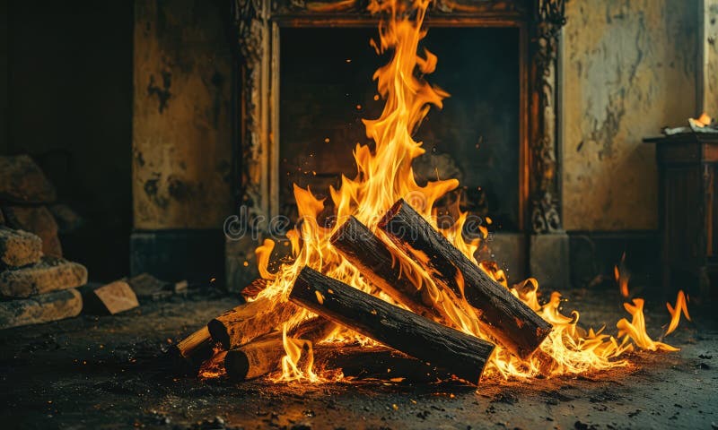 A Pile of Wood is Burning in a Fireplace, with a Fire Burning Brightly ...