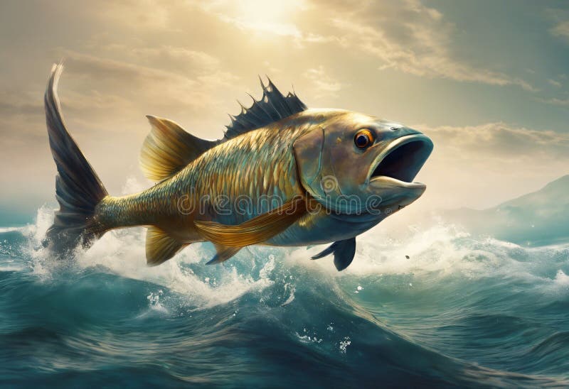 Fish Leaping from Ocean Waves Under Dramatic Sky Stock Illustration ...