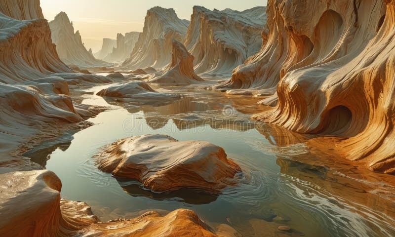 A Rock is Sitting in a River in a Desert Landscape. Stock Illustration ...