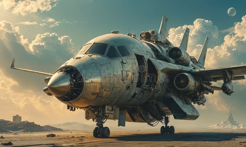 A Silver Airplane with a Large Engine is Parked on a Desert Plain ...