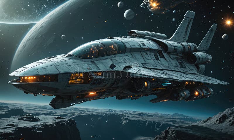 A Space Ship is Flying through Space with a Planet in the Background ...