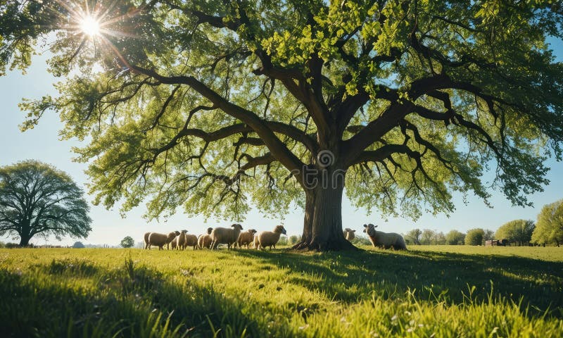A Herd of Sheep is Standing Under a Large Tree in a Field. Stock ...