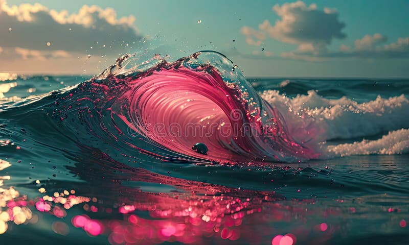 A Pink Wave in the Ocean with a Black Object in the Middle. Stock ...