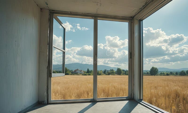 An Open Window in a Room with a View of a Field. Stock Illustration ...