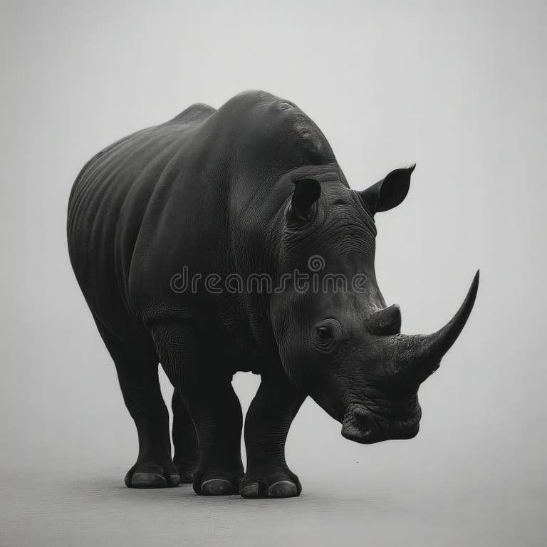 Large Rhinoceros Facing Camera with Shadow Falling To the Right Under Soft Gradient Light ...
