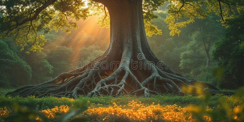 Large Tree with Roots and Sunlight in Nature Stock Photo - Image of ...