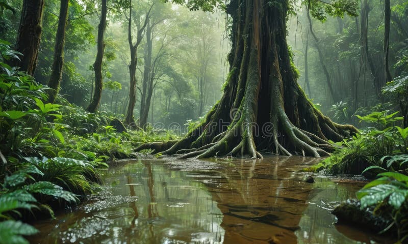 A Large Tree with Roots in a Stream. Stock Illustration - Illustration ...