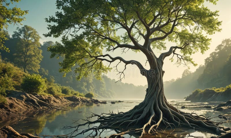 A Tree with Roots in the Water. Stock Illustration - Illustration of ...