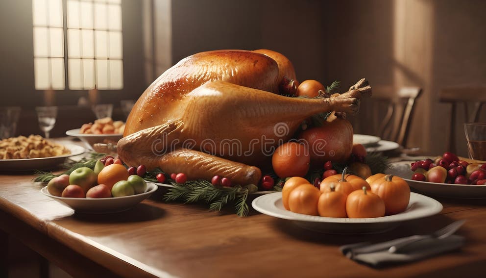 A Large Turkey Sits on a Table with Fruit and Vegetables Stock ...
