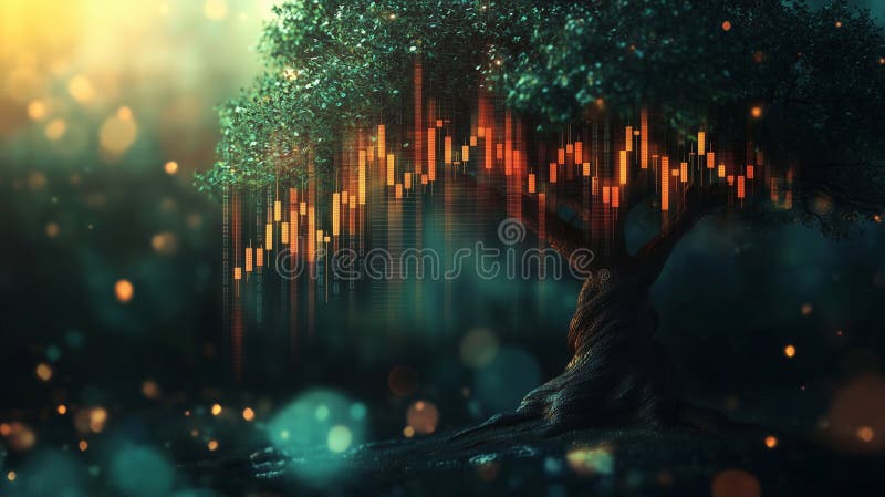 A Large, Twisted Tree Stands in a Mystical, Softly Illuminated Forest ...