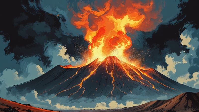 A Large Volcano Spewing Hot Lava and Gases into the Atmosphere on a ...