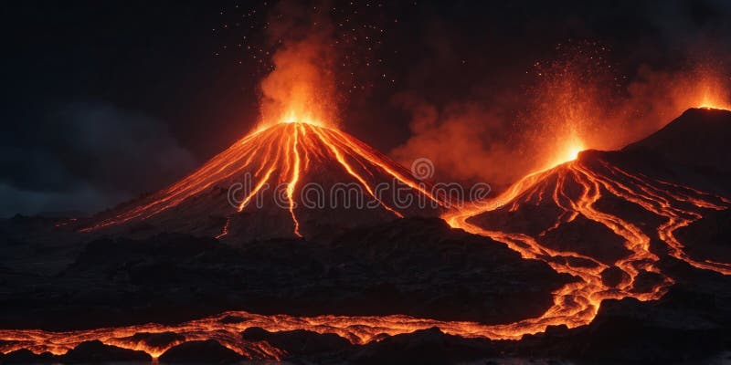 Lava Flowing from an Active Volcano at Night. Stock Photo - Image of ...