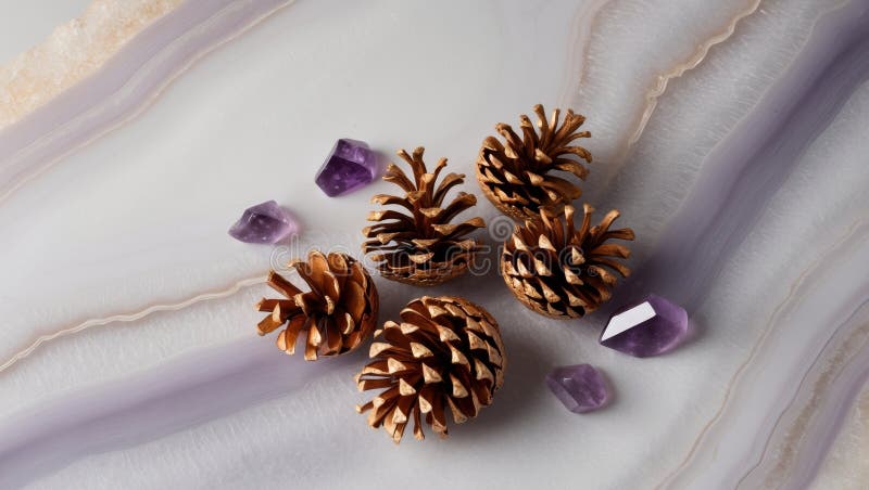 Lavender Agate Texture Background with Gold Pine Cones and Amethyst ...