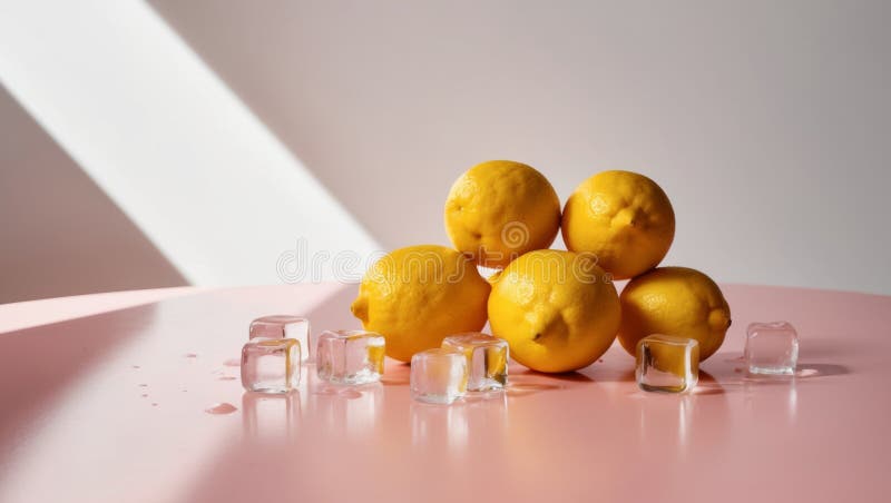 A Lemon Cluster Atop Ice Cubes on a Pink Table. Stock Photo - Image of ...