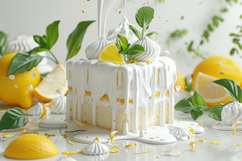 Lemon Drizzle Cake with White Icing, Adorned with Fresh Lemon Slices ...