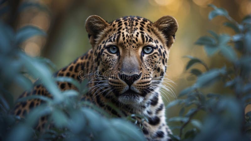 Leopard Peering through Exotic Blue Foliage. Stock Image - Image of ...