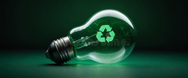 A Light Bulb with Glowing Recycling Symbol Inside on Green Background ... A Light Bulb with Glowing Recycling Symbol Inside on Green Background ...