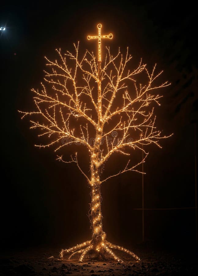 A Lighted Glowing Tree with a Glowing Cross on Top of it Stock ...