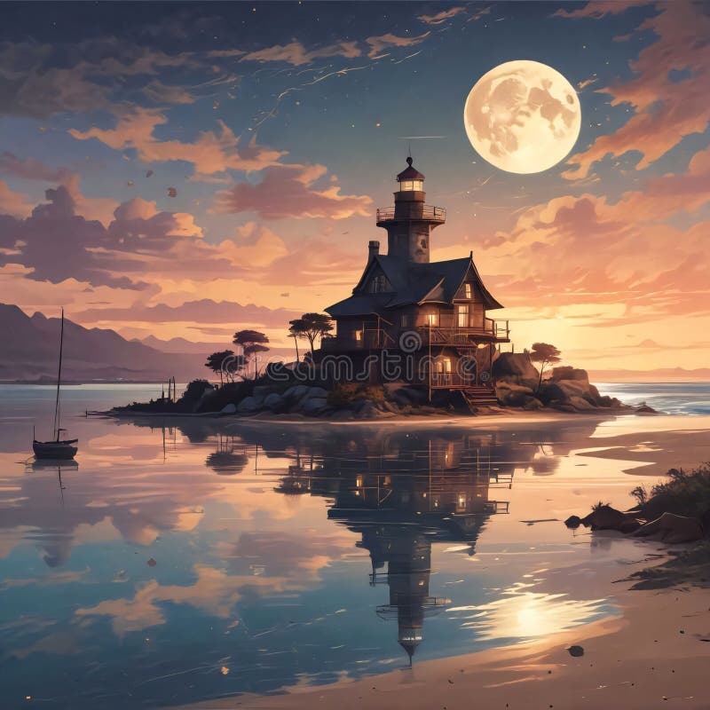 Lighthouse at Sunset with Full Moon Reflection Stock Illustration ...