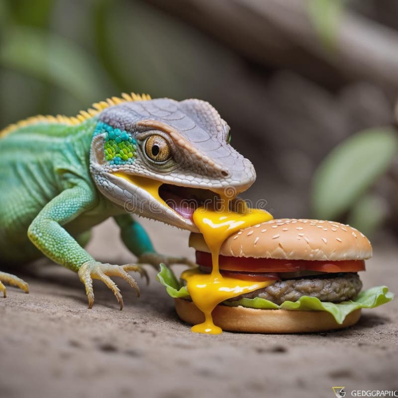 AI Generated Lizard Eating a Cheeseburger Stock Photo - Image of snack ...