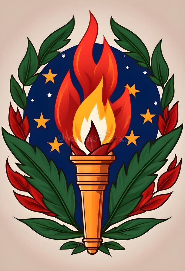 A Logo of a Fire Burning on a Torch in a Circle of Plants and Stars on ...