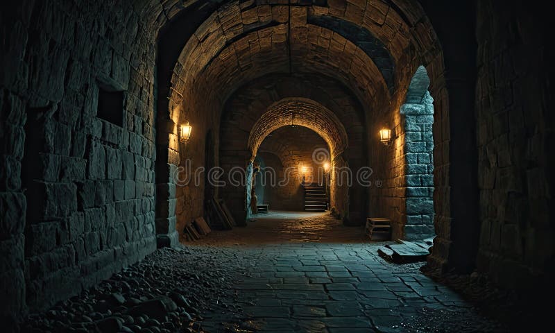 A Dark Hallway with a Stone Wall and a Light on the Wall. Stock ...