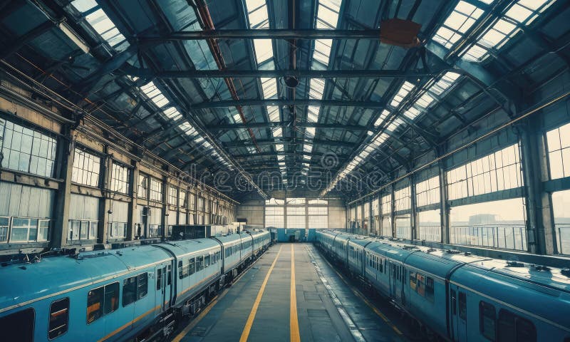 A Train Station with a Long Row of Blue Trains. Stock Illustration ...