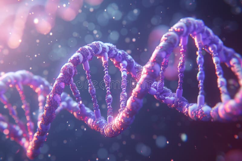 Luminous Violet DNA Helix among Glowing Particles, Depicting the ...
