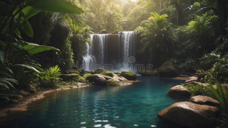 Lush Jungle Oasis with a Tranquil Waterfall and Pool. Stock Image ...