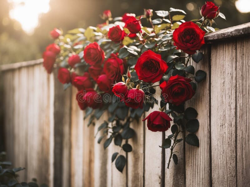 Lush Red Roses on Rustic Wood Fence in Glowing Light. Stock Photo ...