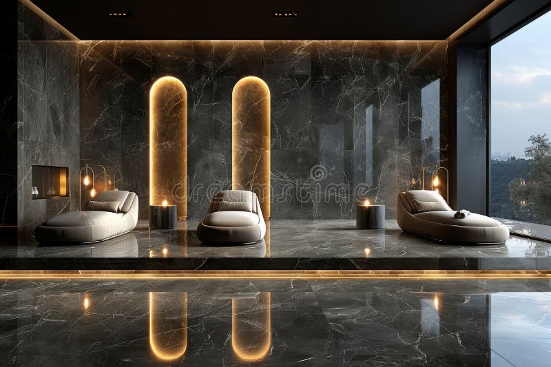Luxurious Relaxation Lounge with Dark Tones and Sleek Design, Featuring ...