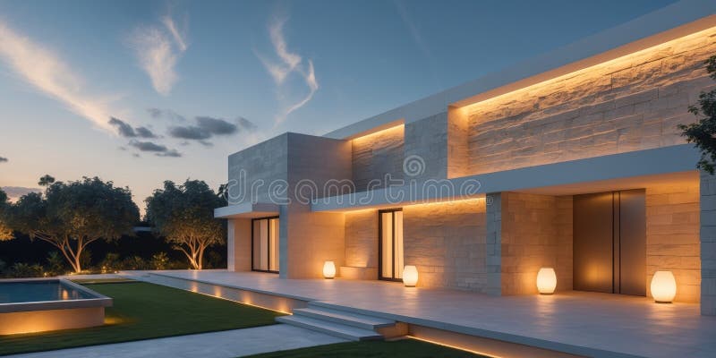 Luxury Modern Home at Dusk with Dramatic Lighting and Stone Facade ...