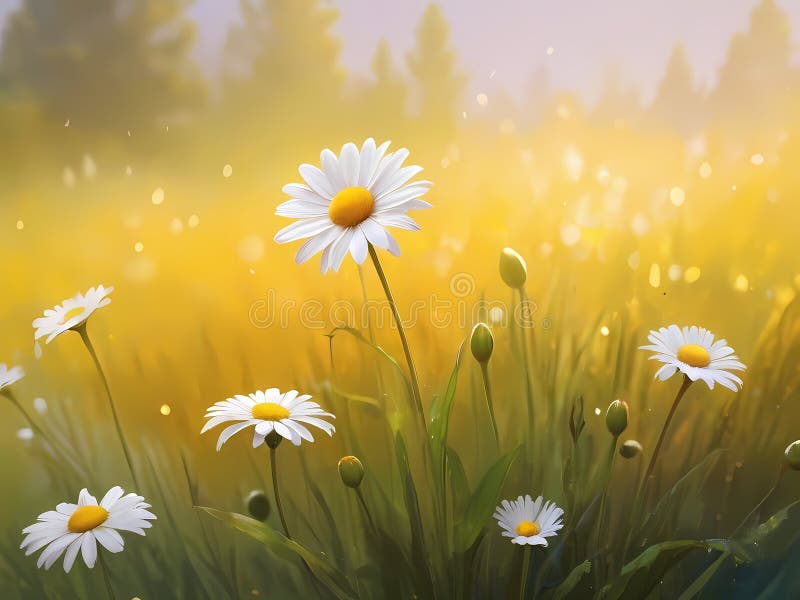AI Generated Macro Daisy Field Sunset Background, Focused on Flower ...