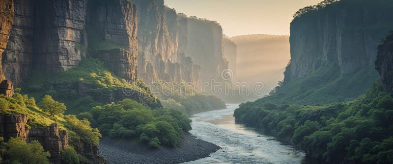 Majestic River Flows through a Rocky Gorge Surrounded by Towering ...