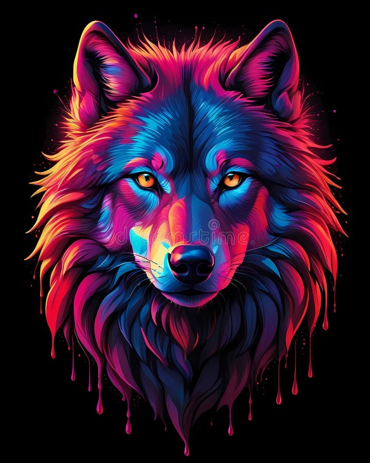 AI Generated Majestic Wolf Colorful Face Bathed in Neon Light with ...