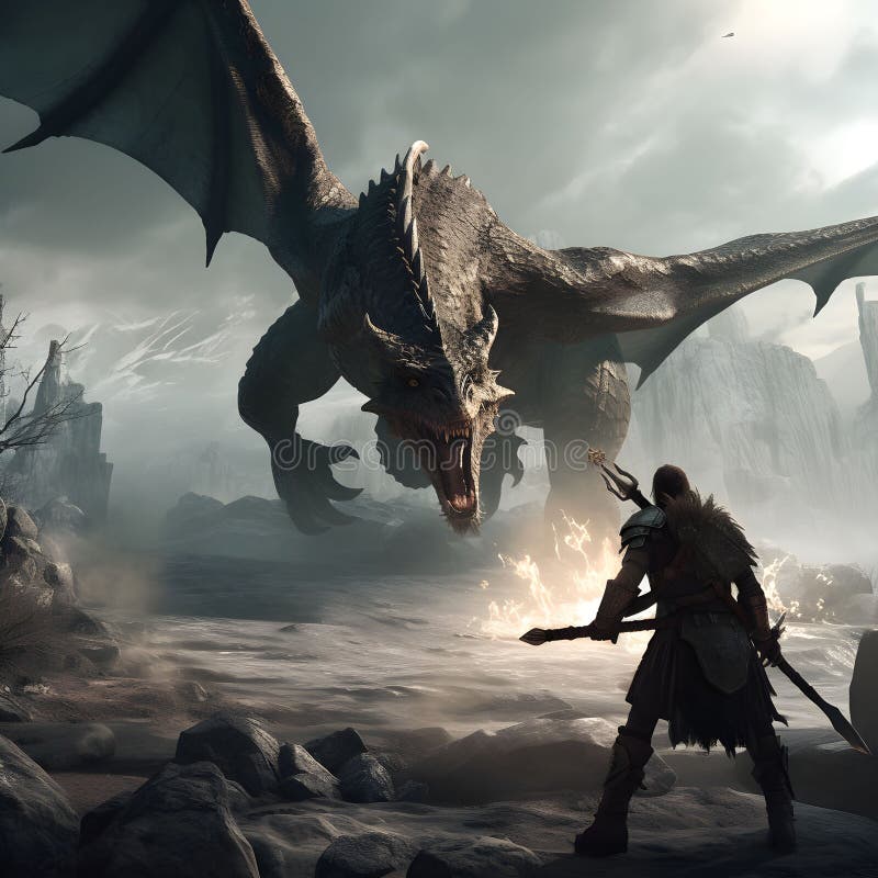 AI Generated Man Fighting with Mythical Dragon Stock Illustration ...