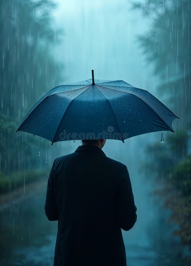 A Man Standing in the Rain with a Blue Umbrella on En Empty Street ...
