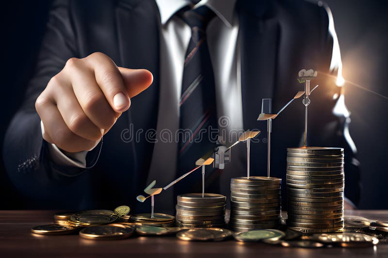 AI Generated-a Hand is Pointing at a Pile of Gold Coins Stock ...